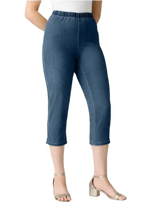 Roaman's Comfort Stretch Capri Jeans With Side Slits - Medium Stonewash