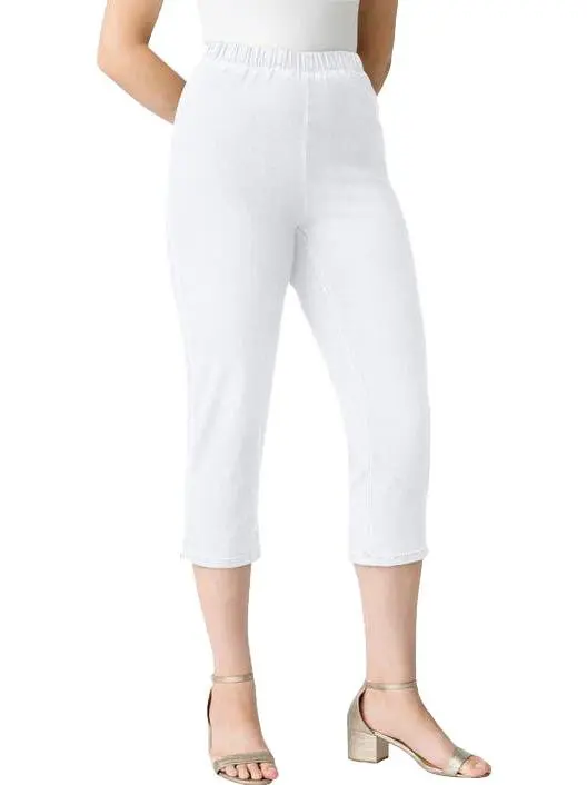 Roaman's Comfort Stretch Capri Jeans With Side Slits - White Denim