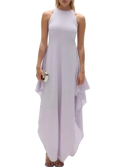 Amsale Pebble Crepe Halter Dress With Side Cascade Drape - Lilac