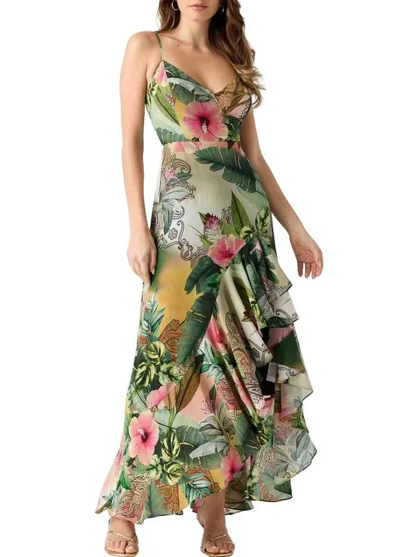 Guess Tracie Tropical Print High-low Ruffle Dress - Green Multi
