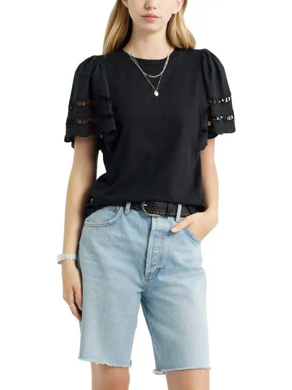 Treasure & Bond Flutter Sleeve Eyelet Top - Black