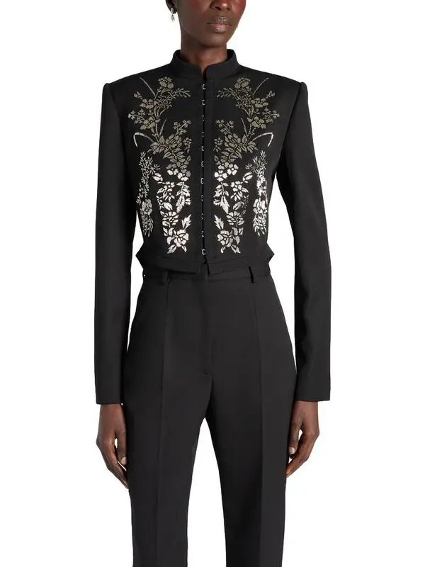 Alexander McQueen Beaded Floral Hook & Eye Wool Jacket - Black