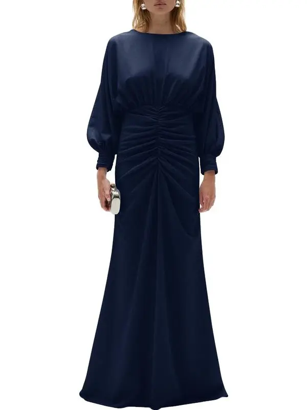 Amsale Pebble Crepe Gathered Gown - Navy