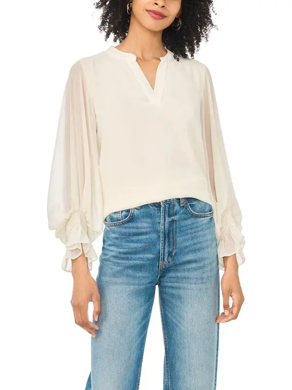 Vince Camuto Sheer Sleeve Split Neck Blouse - Birch