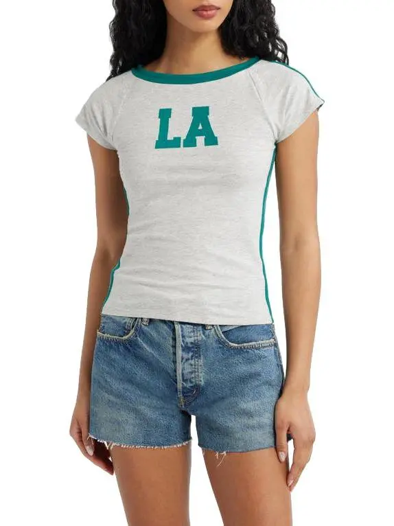 VINYL ICONS Off-the-shoulder Graphic Ringer T-shirt - Heather Grey