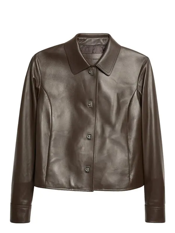 FERRAGAMO Boxy Lambskin Leather Jacket - Expresso/espresso