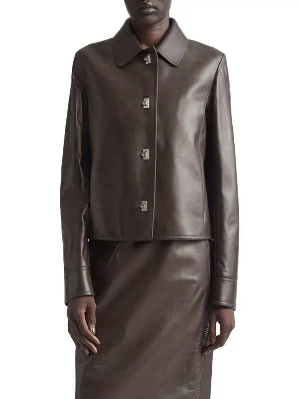 FERRAGAMO Boxy Lambskin Leather Jacket With Gancio Turnlock Closures - Expresso/espresso