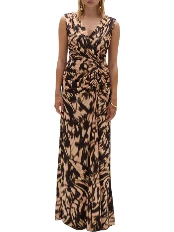 Amsale Printed Satin Jersey Gown - Apricot-multi
