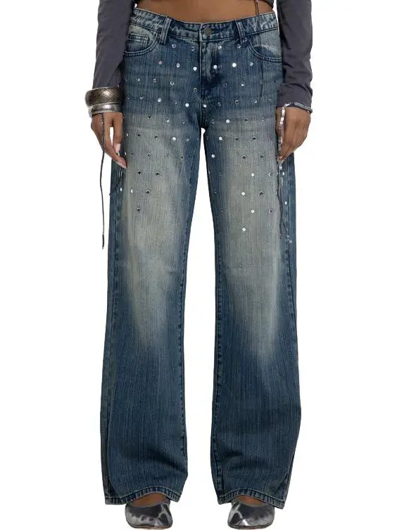 JADED LONDON Low Rise Wide Leg Jeans With Mirror Embellishments - Blue