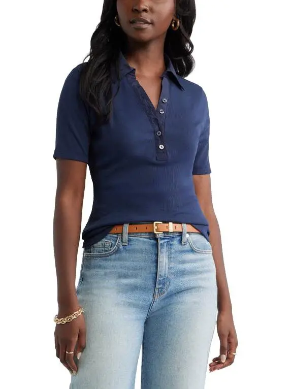 Caslon Rib Knit Polo With Woven Placket - Navy Still
