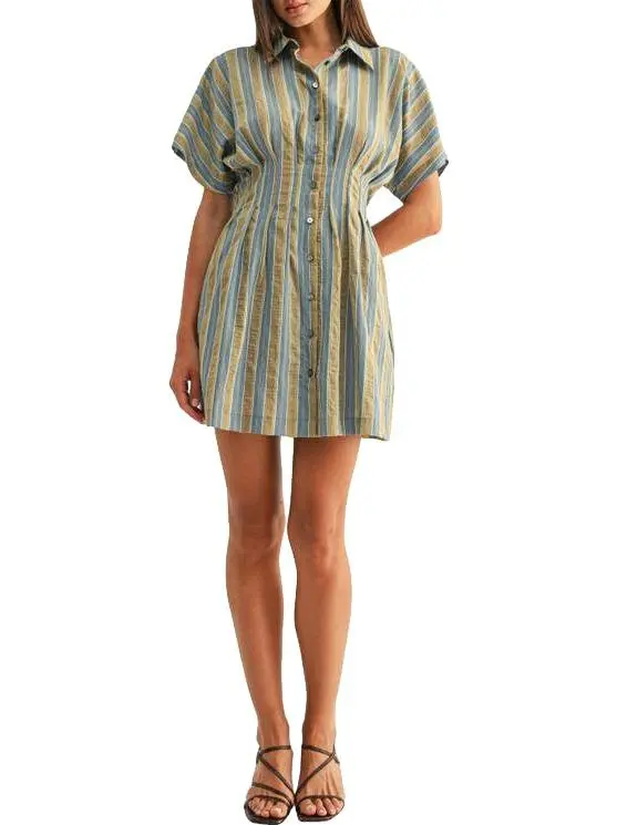 Adelyn Rae Dominique Stripe Pleat Mini Shirtdress - Blue/olive