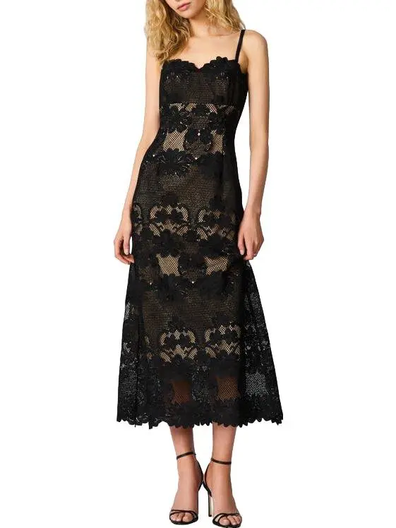 Steve Madden Willow Scalloped Floral Lace Midi Dress - Black