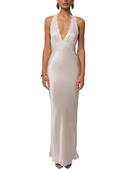 JLUXLABEL Halterneck Lace-trimmed Satin Maxi Dress - Ivory