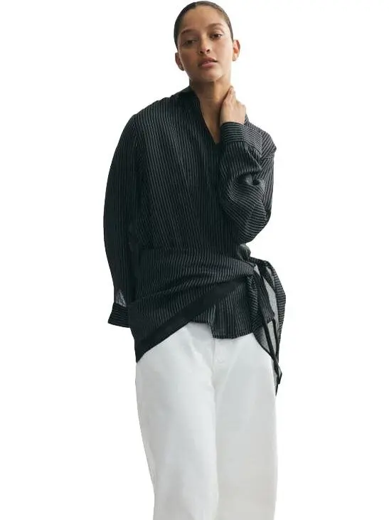 H&m Shirt With Scarf Detail - Black/pinstriped