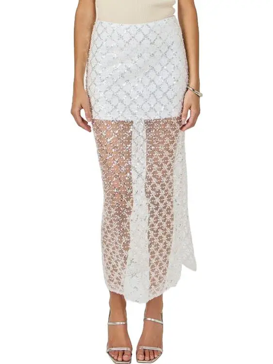 Endless Rose Embellished Mesh Maxi Skirt - White