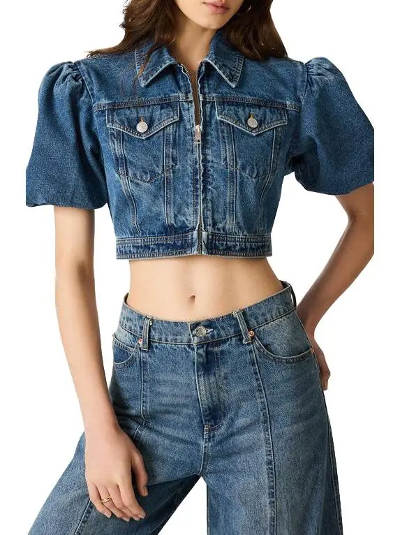 Steve Madden Marcy Cropped Puff Sleeve Denim Jacket - Blue Heather