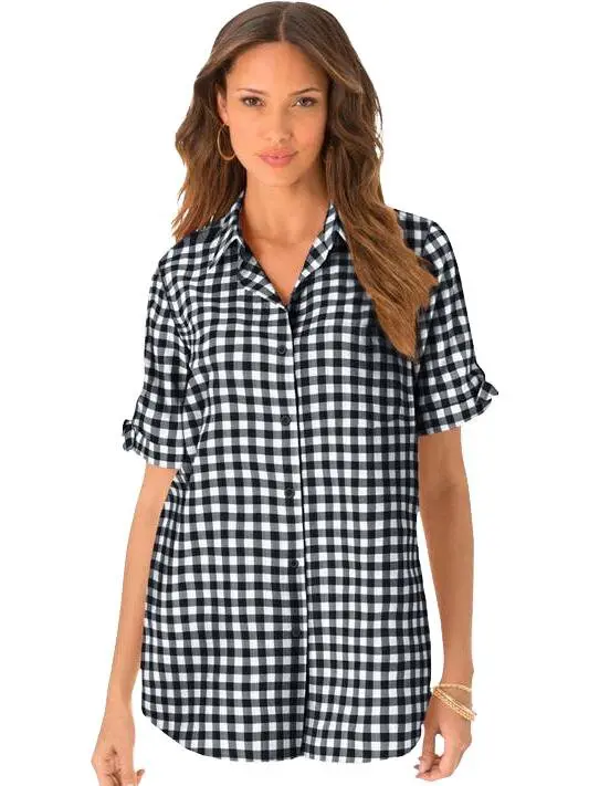 ROAMAN'S Tie Sleeve Button Down Shirt - Black Check