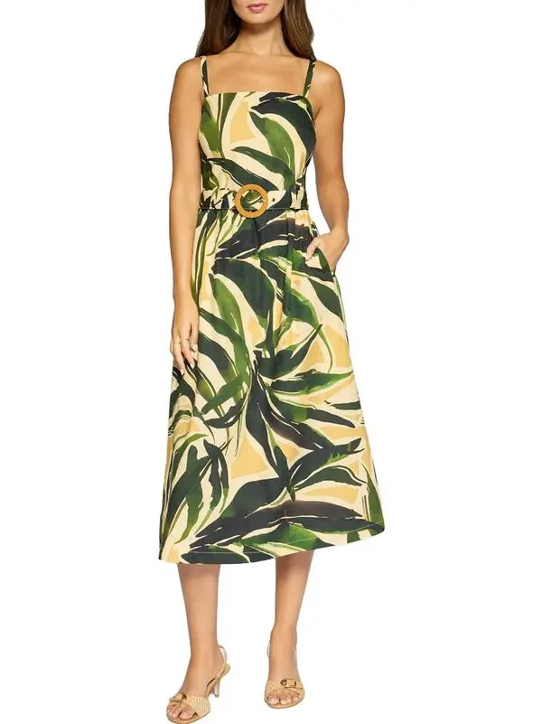 LOST + WANDER Palm Print Cotton Midi Dress - Green-multi