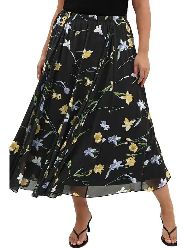 City Chic Serene Floral Print A-line Skirt - Midnight Petals