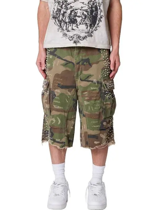 Mnml Camouflage Cargo Shorts With Faux Pearl Embellishments - Camo