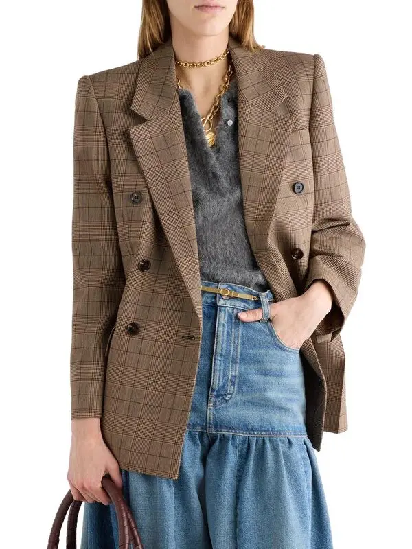Chloé Check Double Breasted Wool Blazer - Brown/beige