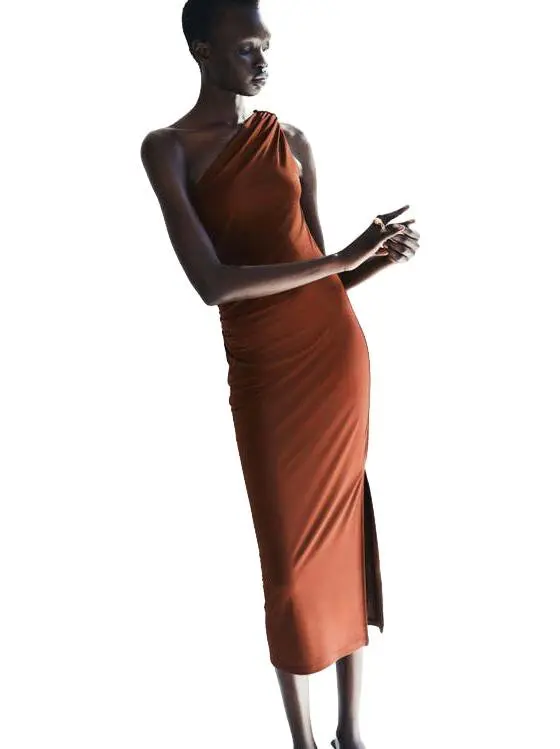 H&M One-shoulder Draped Midi Dress - Rust Brown
