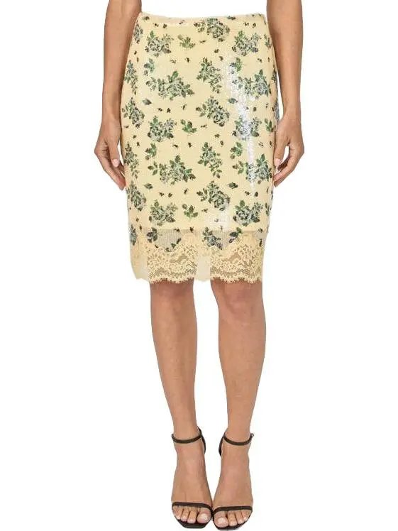 Endless Rose Embellished Floral Sequin Skirt With Lace Hem - Lemon Multi