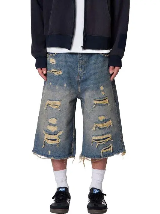 Mnml Ultra Baggy Repaired Denim Shorts - Blue