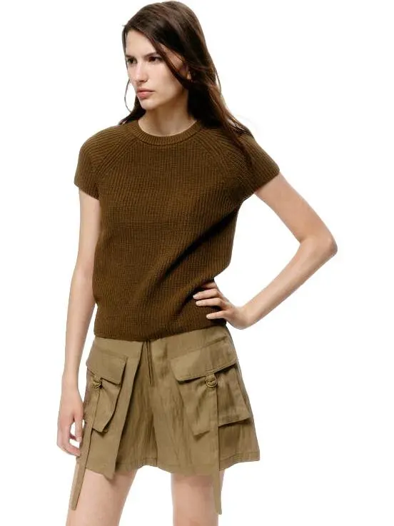 H&M Ribbed Knit Top With Round Neckline And Raglan Sleeves - Brown