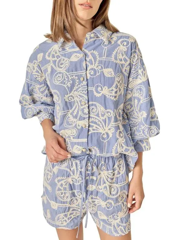 English Factory Embroidered Volume Sleeve Shirt - Blue/cream