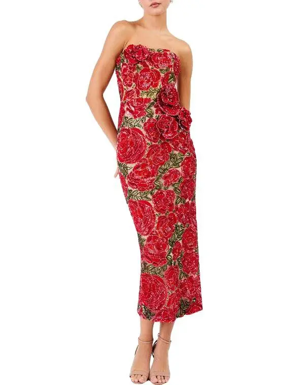 HELSI Victoria Sequin Floral Strapless Dress - Rose Red