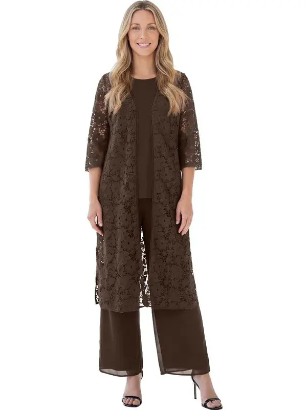 Roaman's Allover Lace Duster Pant Set - Chocolate