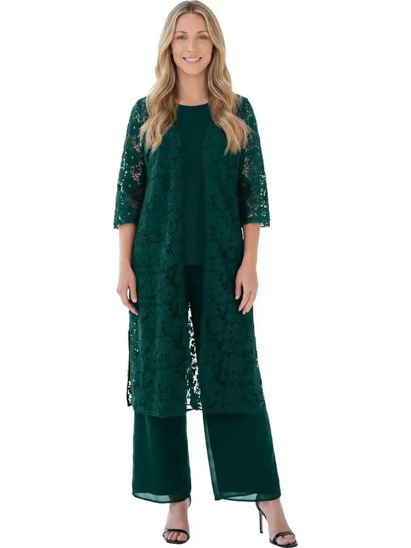Roaman's Allover Lace Duster Pant Set - Emerald Green