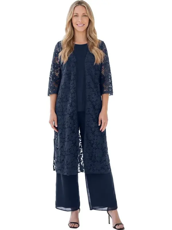Roaman's Allover Lace Duster Pant Set - Navy