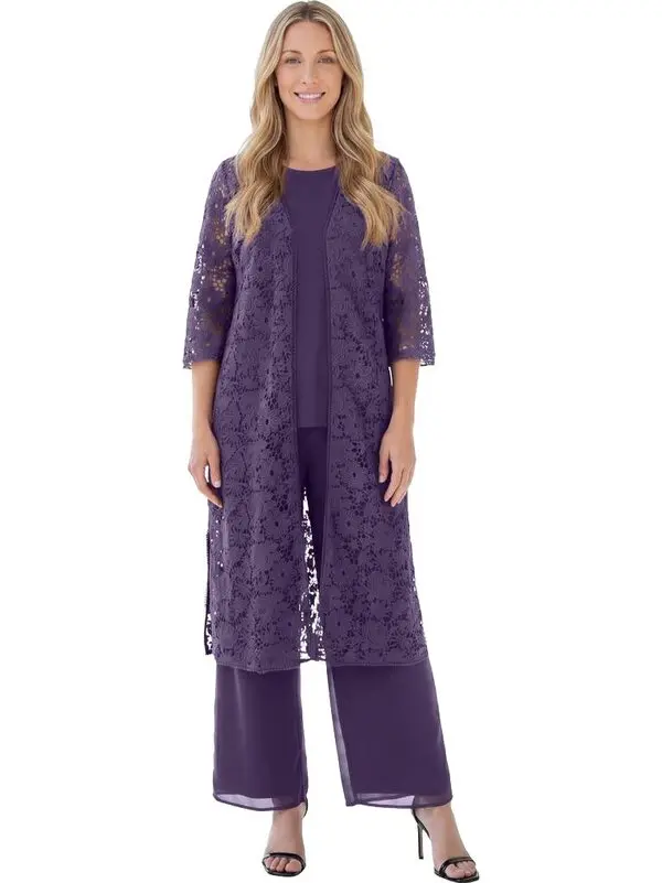Roaman's Allover Lace Duster Pant Set - Purple Grape