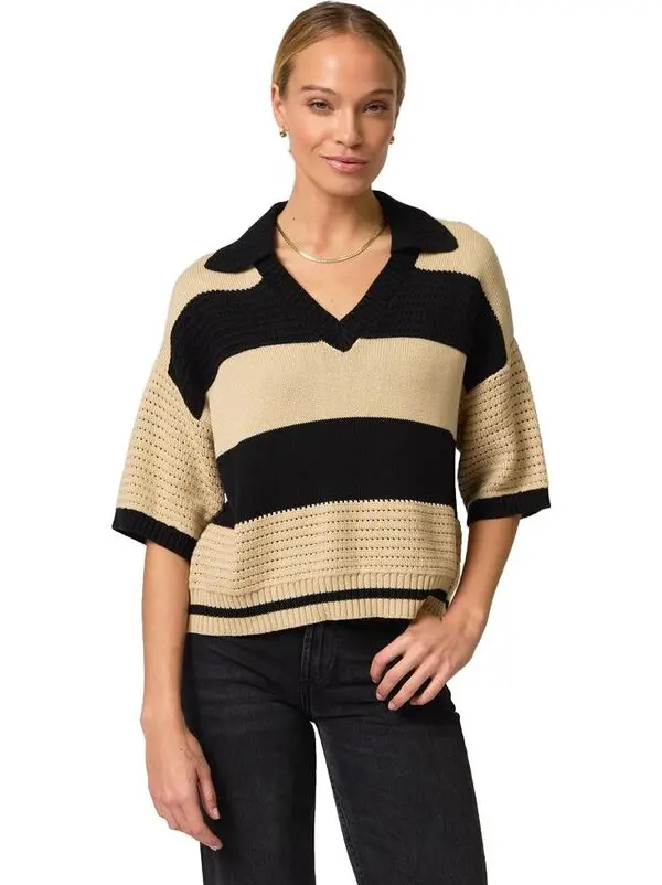 Central Park West Dean Mixed Stitch Rugby Sweater - Black/beige