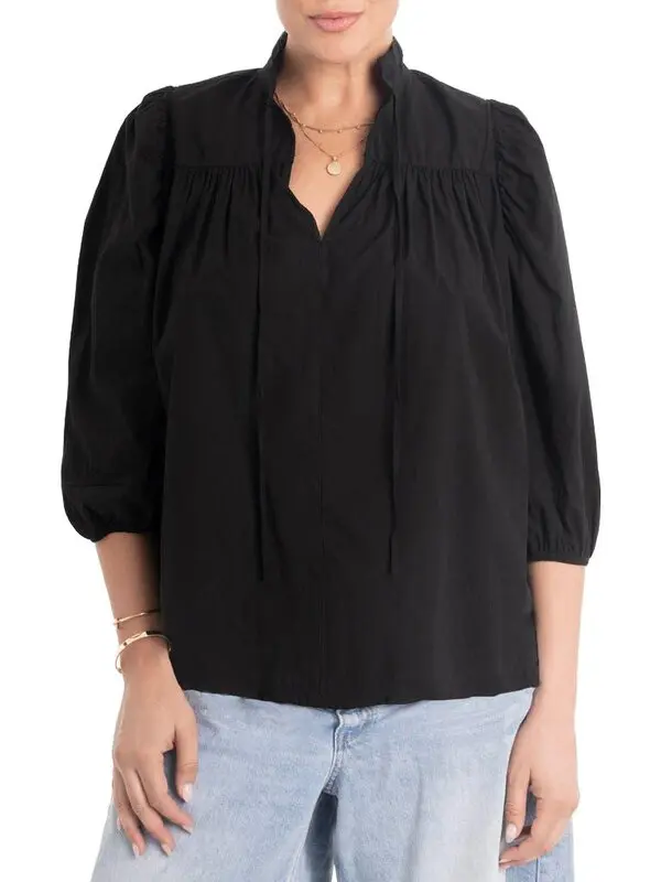 OCEAN+MAIN Cotton Tie Neck 3/4 Sleeve Top - Black