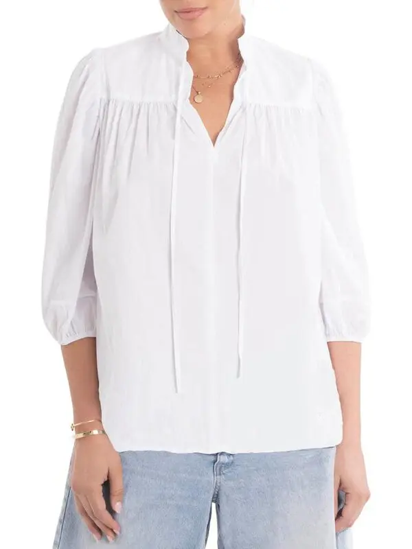 OCEAN+MAIN Cotton Tie Neck 3/4 Sleeve Top - White