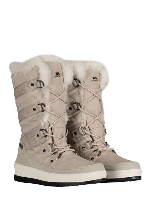 TRESPASS Evelyn Mid Calf Lace-up Snow Boots With Faux Fur Trim - Stone