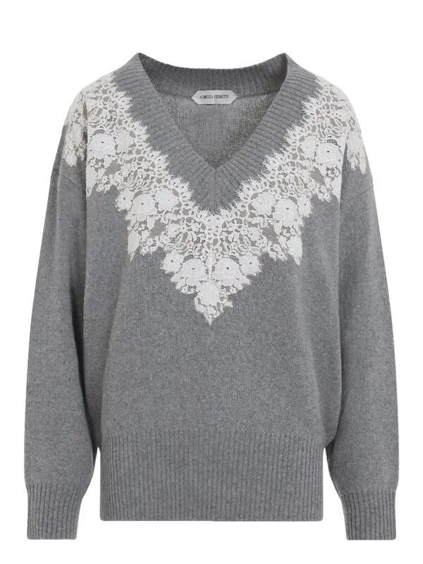 Alberta Ferretti Fine Knit V-neck Sweater With Lace Appliqu - Multicolor