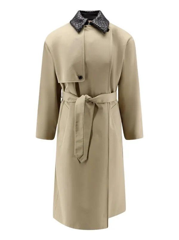 Bottega Veneta Light Cotton Trench Coat With Intrecciato Leather Collar - Multicolor