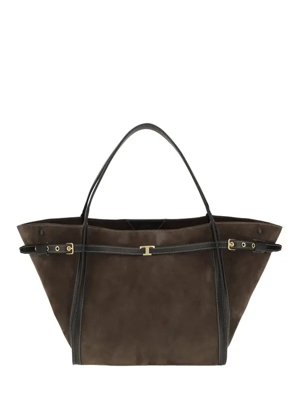 TOD'S Suede Tote Bag With T Timeless Detail - Brown
