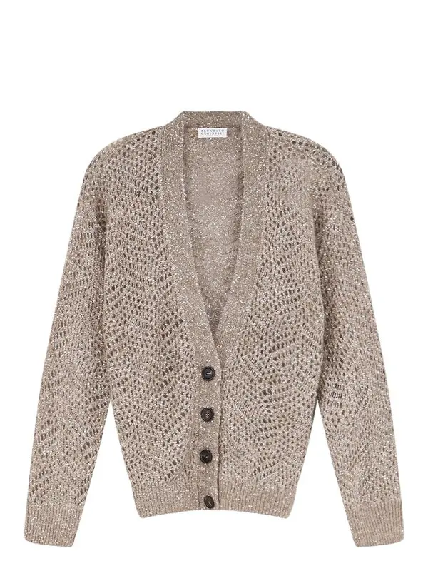 Brunello Cucinelli Mohair Blend Cardigan With Dazzling Motif - Brown