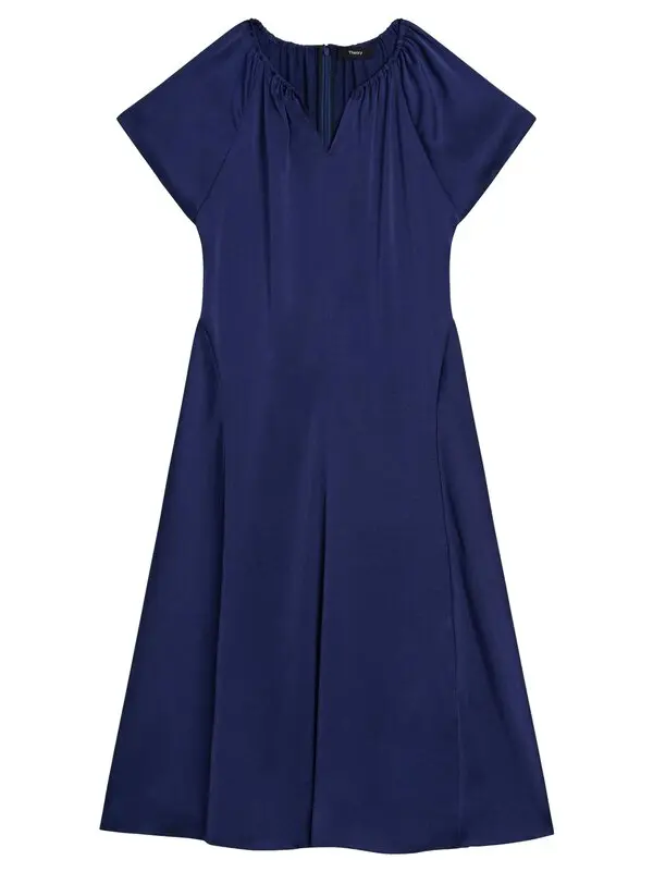 Theory Satin Gathered Notch Midi Dress - Blue