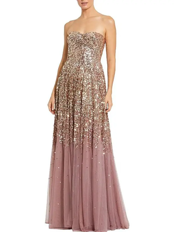 Mac Duggal Strapless Sweetheart Neck Sequin Ombre Gown - Gold Amethyst