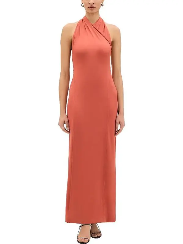 Another Tomorrow Gathered Halter Maxi Dress - Persimmon