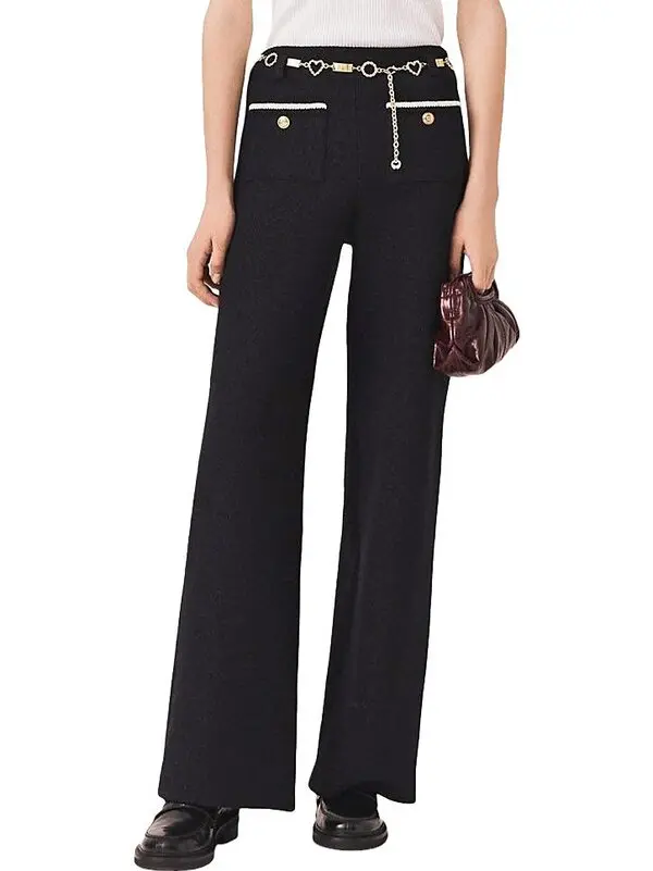 Maje Lurex Tweed High Rise Wide Leg Pants - Black
