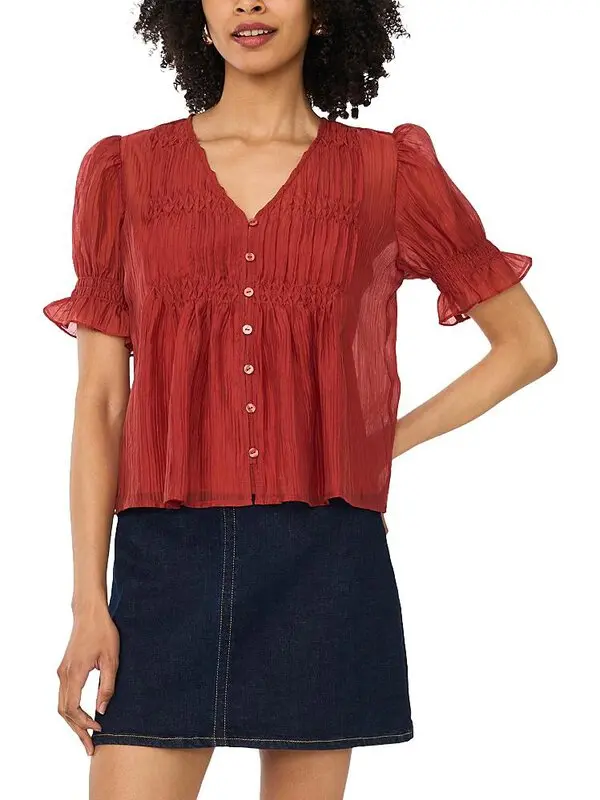 Vince Camuto Pintuck Puff Sleeve V Neck Top - Rust