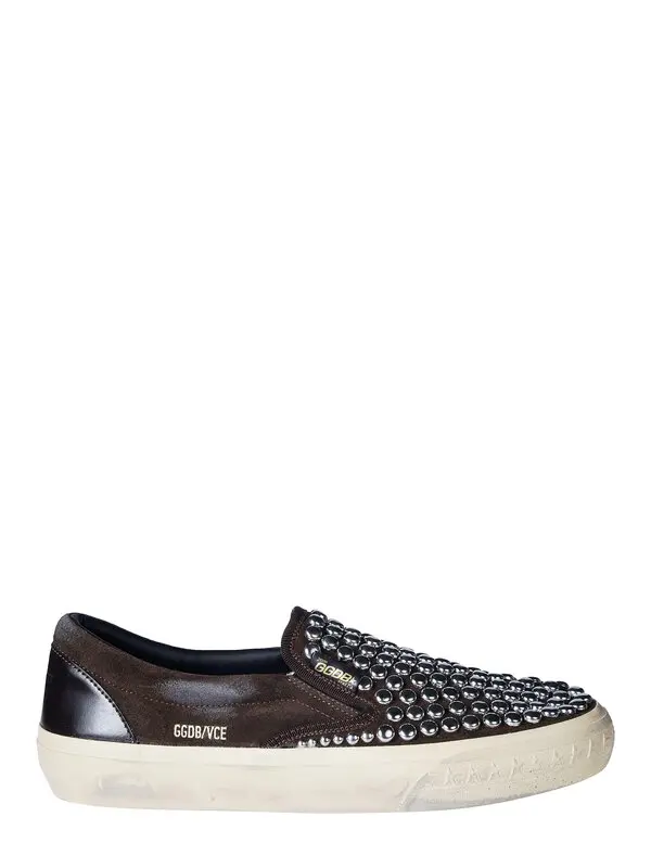 GOLDEN GOOSE Studded Leather Slip-on Sneakers - Marrone