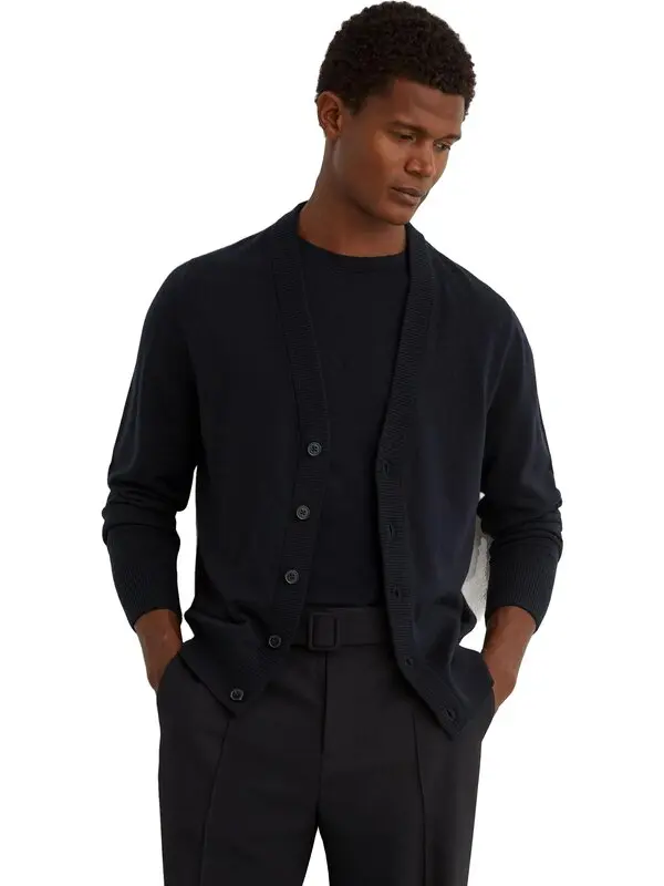 REISS Ashcroft Merino Wool V-neck Cardigan - Navy